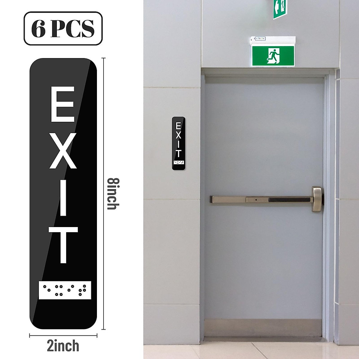 Vertical Exit Sign with Braille - 8x2 inch ADA Compliant Exit Sign with Braille Exit Signs for Business Raised Braille with Adhesive for Indoor Outdoor Public Office Hotel Workplace 6 Pcs