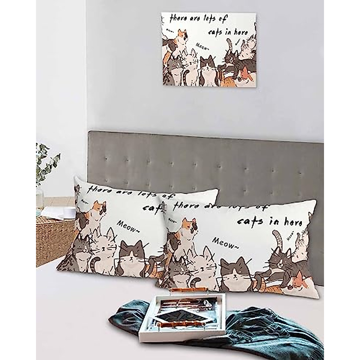 Edwiinsa Funny Cute Cat Pillow Covers King Standard Set of 2 20x36 Bed Pillow, Farmhouse Animals White Plush Soft Comfort for Hair/Skin Cooling Pillowcases with Envelop Closure