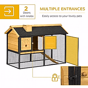PawHut 47" Wooden Rabbit Hutch Outdoor with Run, Metal Frame, 2-Story Bunny Rabbit Cage with Removable Tray, Ramp, Bunny Hutch with Space-Saving Design