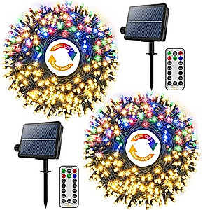 Ollny Solar String Lights Outdoor Waterproof Warm White & Multicolor 2 Pack Each 98Ft 300LED, 11 Modes Super Bright Fairy Lights, Outdoor Christmas Tree Lights for Outside Garden Patio Wedding Party