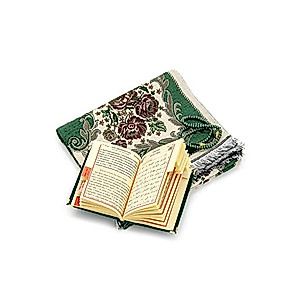 Muslim Prayer Rug, Beads and Yaseen Prayer Book with Elegant Velvet Fabric Bag | Janamaz | Sajadah | Soft Islamic Prayer Rug | Islamic Gifts | Prayer Carpet Mat, Chenille Fabric, Green