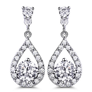 GULICX Dazzling Silver Plated Base Clear Round Cut Flawless CZ Cubic Zirconia Crystal White Drop Earrings