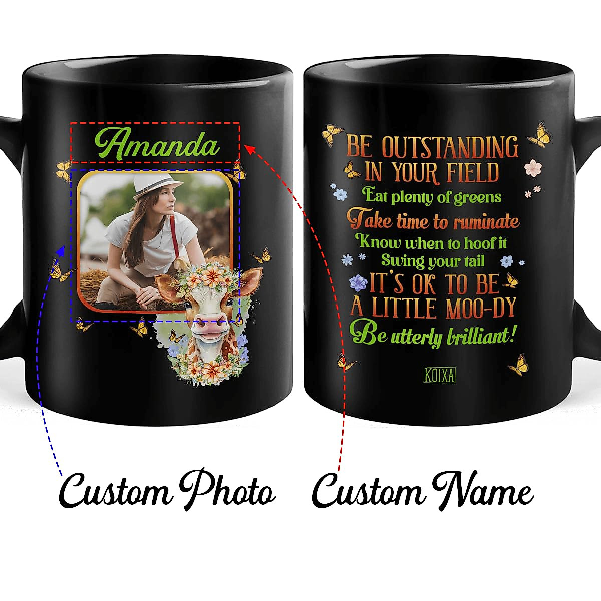 Black Ceramic Coffee Mug Photo Mugs Personalized Picture Butterfly Custom Name Birthday Gifts For Cow Lovers Women Mothers Day Novelty Tea Cup Table Desk Accessories 11 And 15 Oz