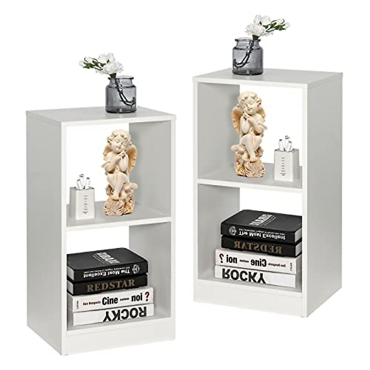 Tangkula 2 Cube Bookcase Set of 2, 2 Shelf Cube Bookshelf with Anti-toppling Device, Small Display Shelf for Small Spaces, Freestanding Wood Storage Unit for Home Office Study Living Room (White)