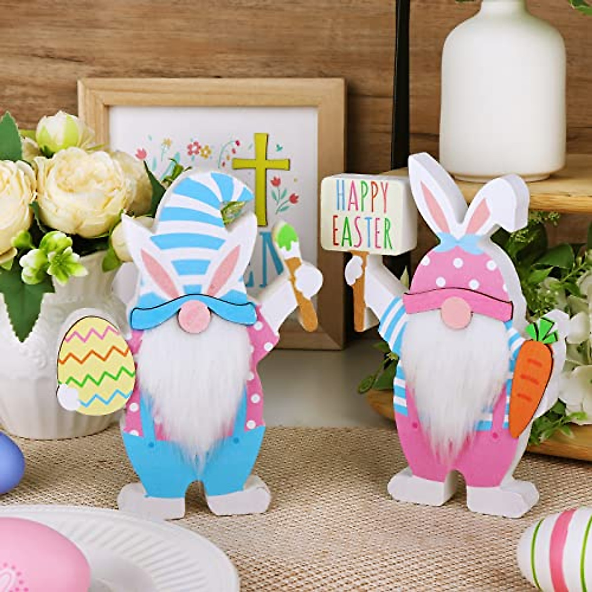 Treory Easter Decorations for The Home, 2 pcs Easter Bunny Shape Gnome Freestanding Wooden Table Centerpiece Signs Easter Gnomes for Tabletop Home Tiered Tray Decor Farmhouse for Easter Gifts