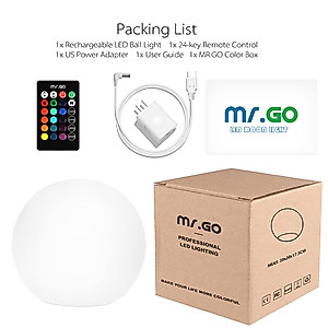 Mr.Go 8-inch Ultra-Fun LED Glowing Ball Light w/Remote, RGB Color Changing Globe Mood Lamp, 16 Colors 8 Brightness 4 Lighting Modes, Waterproof, Rechargeable & AC Adapter Power, Stunning Light Orb
