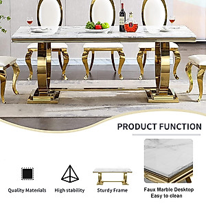 70" Modern Marble Dining Table, Luxury Gold Rectangular Kitchen Table for 6-8, Mid-Century White Faux Marble Dining Room Table with Mirrored Stainless Steel Pedestal Base for 6