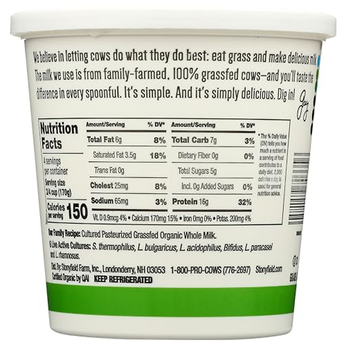 Stonyfield® Organic 100% Grassfed Plain Greek Whole Milk Yogurt 24 Oz. Tub (Pack of 1)