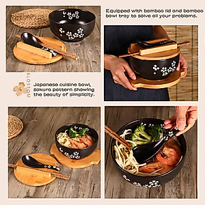 YingXue Japanese Cuisine Bowl (6.3 by 3.15 In) Set with Wooden Lid, Soup Spoon, Wooden Chopsticks, Bamboo Tray, Ceramics Sakura Ramen bowl, Ceramic Instant Noodle Bowl, Salad Bowl Soup Bowl Rice Bowl