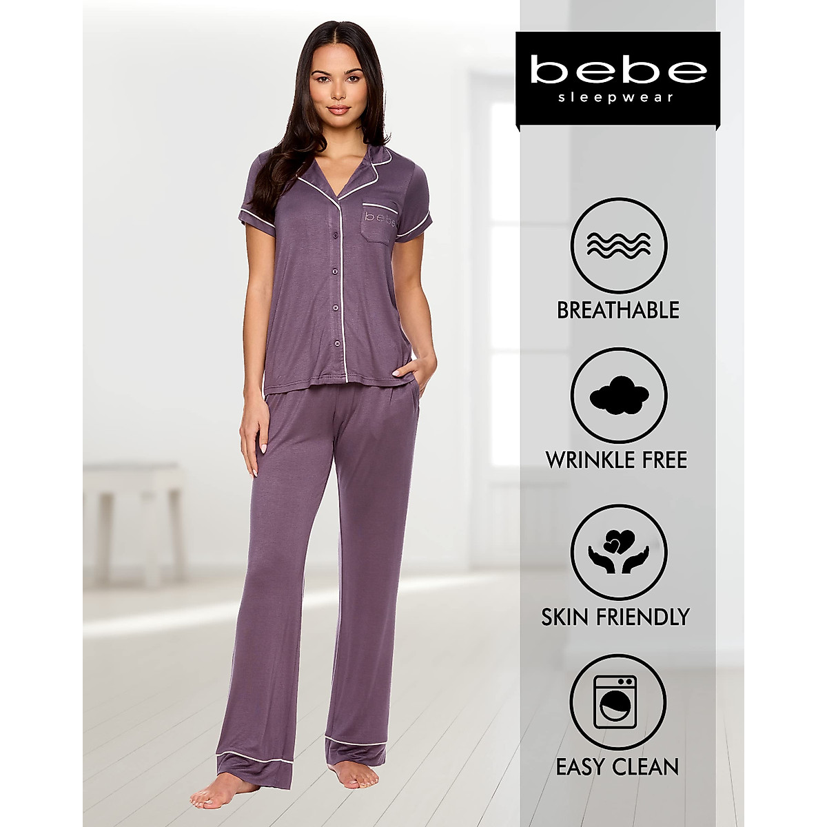 bebe Womens Pajama Sets - Notch Collar Pajama Top and Pajama Pants PJ Set - Ladies Pajamas (Midnight Lavender, Large)