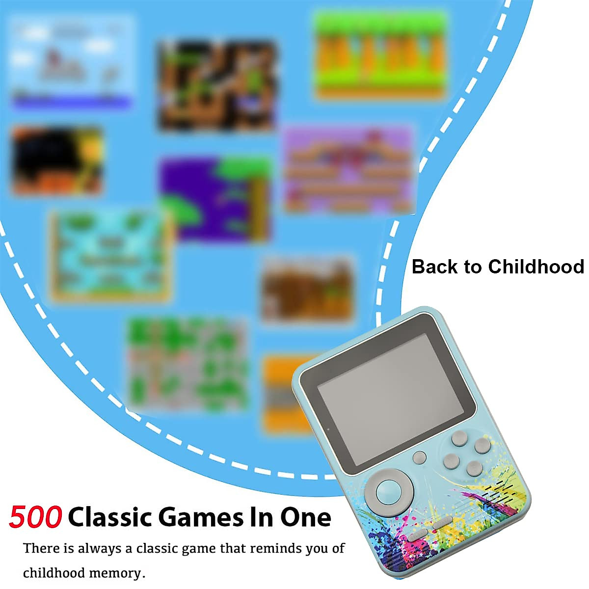 Handheld Game Console Built in 500 Classic Game for Boy Girl, Mini Pocket Handheld Console, 2.8 Inch Screen, 1020mAh Battery, TV Video Output, Christmas Birthday Present for Kids (Blue)