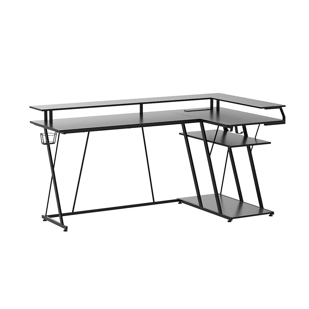 SEVEN WARRIOR L Shaped Gaming Desk with LED Lights & Power Outlets, 63” Reversible Corner Desk with Storage Shelf, Computer Desk with Monitor Stand, Gaming Table with Cup Holder, with Hooks, Black