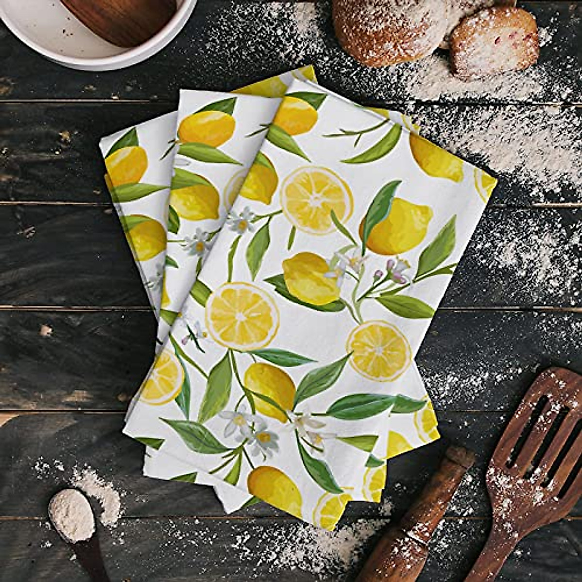 Yun Nist Kitchen Dish Towels,Spring Yellow Lemon Green Leaves Soft Microfiber Dish Cloths Reusable Hand Towels,Farm Fruit Floral Leaf Watercolor Washable Tea Towel for Dishes Counters 1 Pack