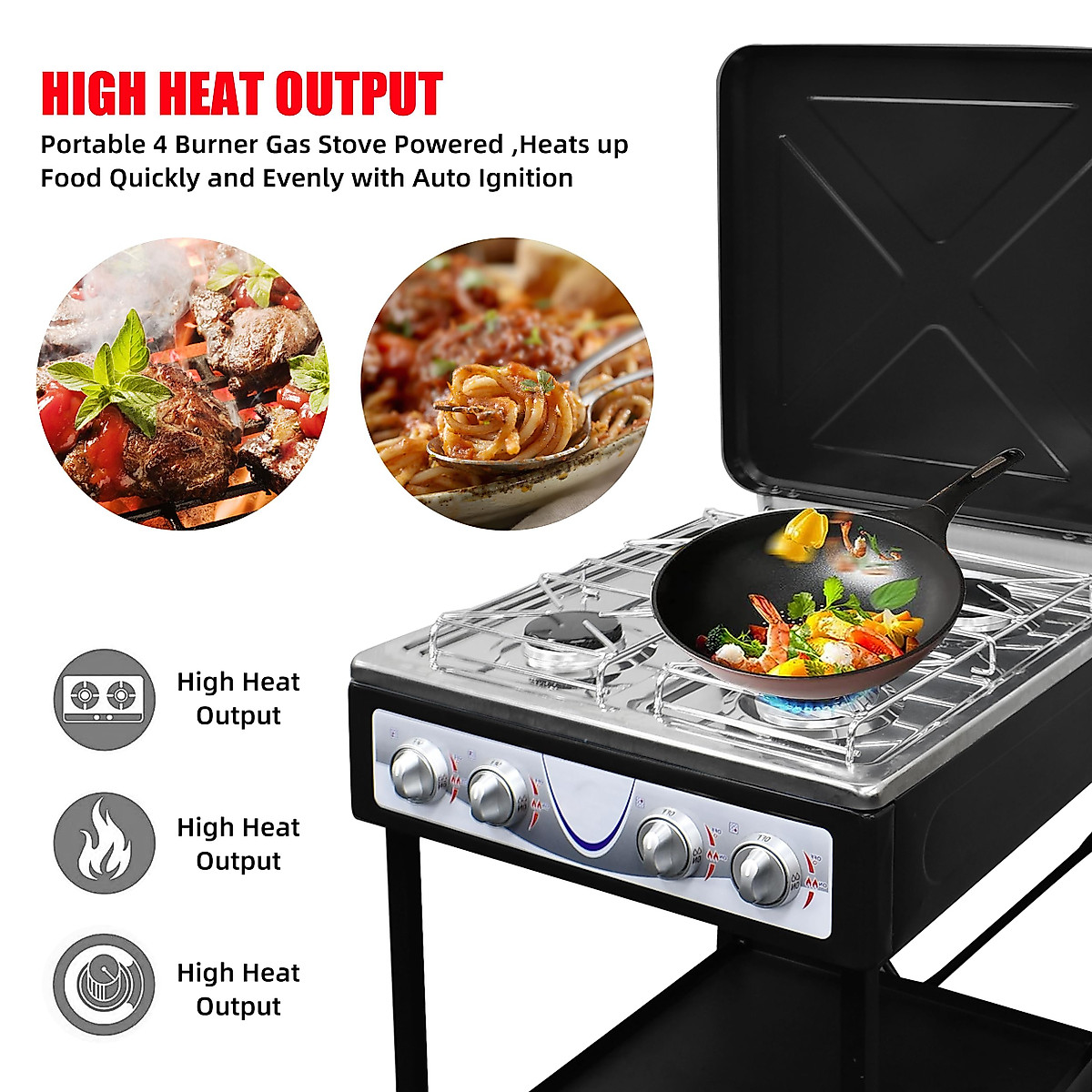 4 Burner Gas Stove Camping Stove Propane Burner Portable Stable RV Stove Top Stainless Steel Camping Grill Stove Outdoor Safety with Removable Stand, CSA Certified Gas Regulator and Hose Easy to Clean