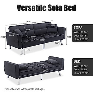 civama Futon Sofa Bed, 74" Modern Velvet Convertible Folding Lounge Couch, Upholstered Twin Size Sleeper Sofa with Arm 2 Pillows Split Back Design and Silver Metal Legs for Compact Space, Black