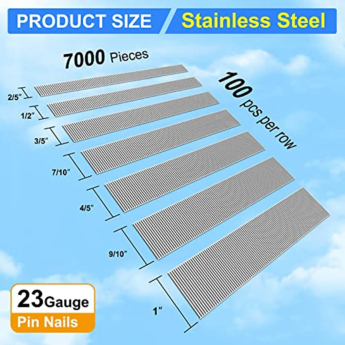 23 Gauge Stainless Steel Pin Nails Headless Pins Nails 7000 Pieces 7 Sizes Assorted 2/5 Inch to 1 Inch for Molding Cabinetry Building Assembly
