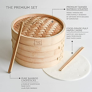 Maison Lune New Bamboo Steamer 10 inch - Includes 2 pairs of Chopsticks, Liners 20 pieces, Steamer Basket for Cooking Dumpling, Dim Sum, Bao Bun, Vegetable