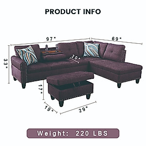 GlasFlength L Shaped Sectional Couch with Storage Ottoman, Modern Nailhead Comfy Lounge Sofa with Reversible Cup Holder & Chaise, 97" 4 Seat Modular Sofá for Living Room Apartment, Ginger