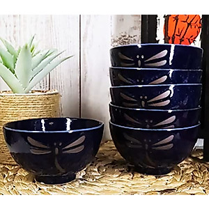 Ebros Pack Of 6 Made in Japan Midnight Blue Tombo Dragonfly Rice Soup Cereal Salad Dessert Stoneware Porcelain Bowls 4.5"D Home Decor Japanese Zen Fusion Accent Bowl Set Serveware Dinnerware