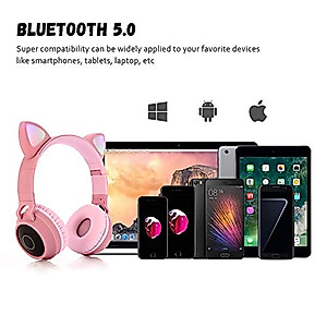 Luckyu Kids Bluetooth 5.0 Cat Ear Headphones Foldable On-Ear Stereo Wireless Headset with Mic LED Light and Volume Control Support FM RadioTF CardAux in Compatible with Smartphones PC Tablet (Red)