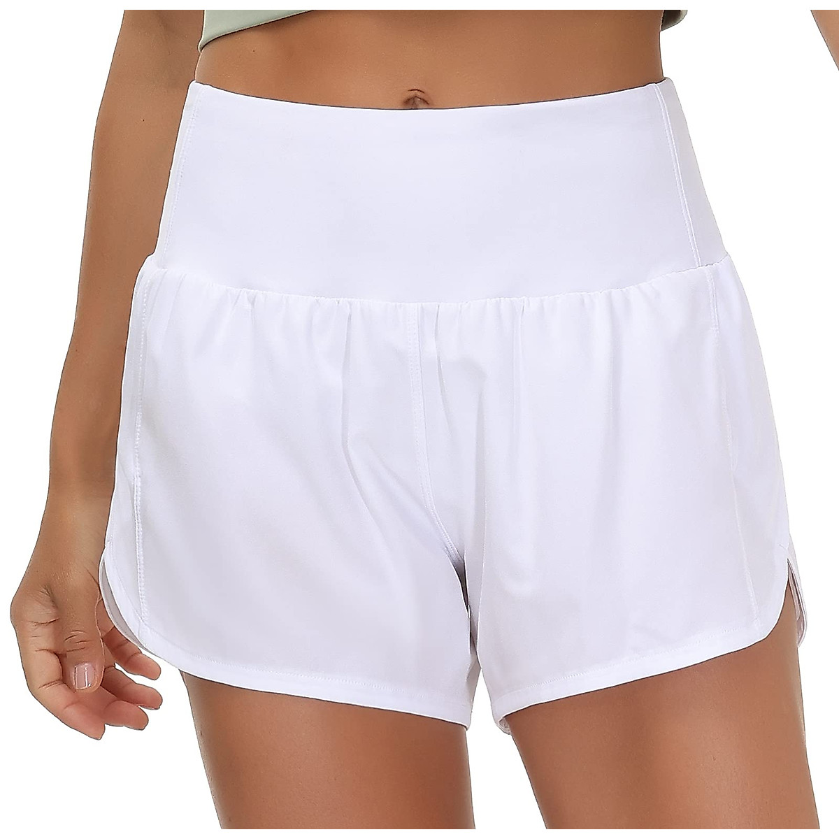 THE GYM PEOPLE Womens High Waisted Running Shorts Quick Dry Athletic Workout Shorts with Mesh Liner Zipper Pockets (White, Large)