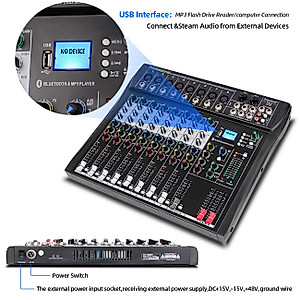 Depusheng DT8 Professional Mixer Sound Board Console 8 Channel Desk System Interface Digital USB Computer MP3 Input 48V Phantom Power Stereo DJ Studio FX Steel Chassis,Black