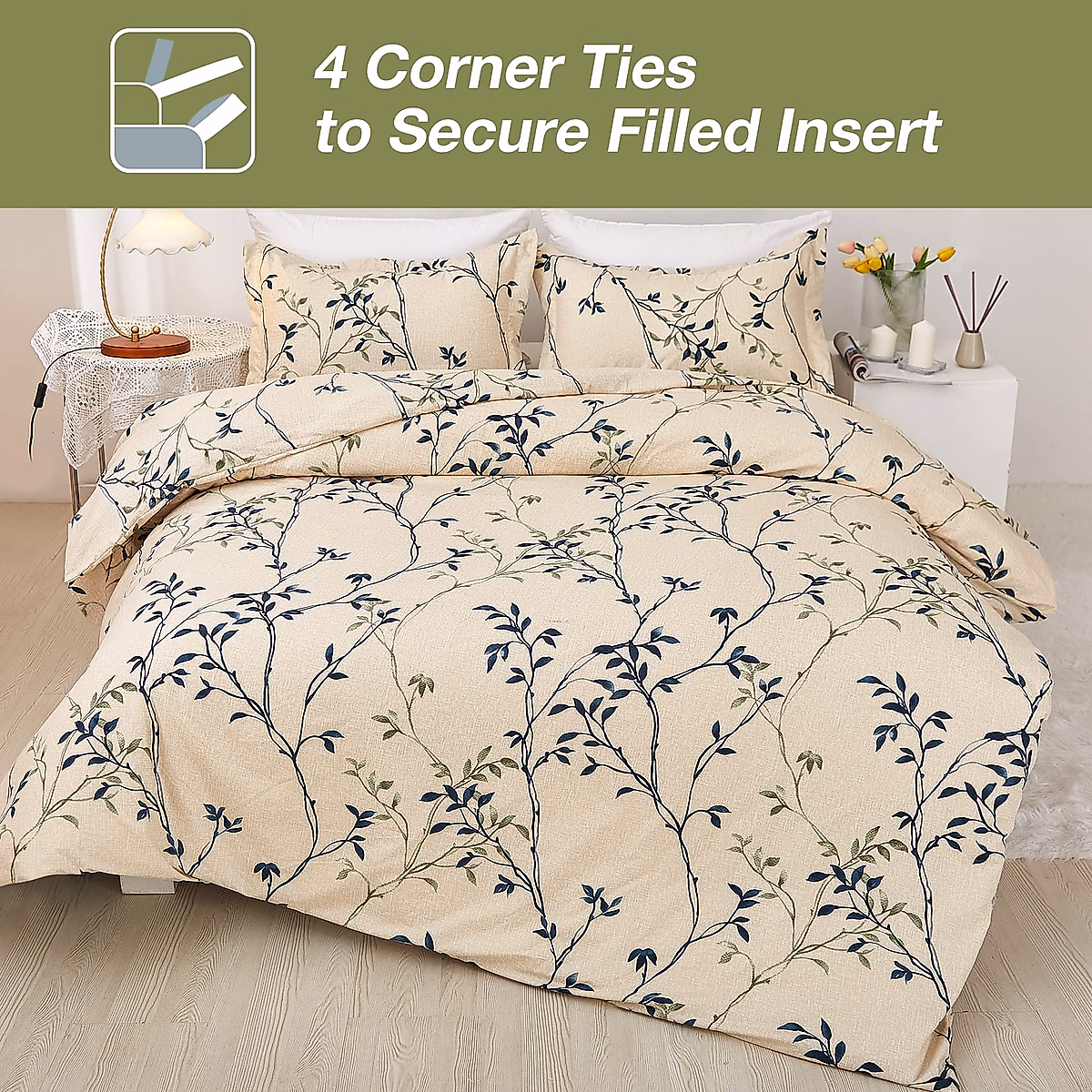 JSD Leaves Printed Duvet Cover Set Queen Size, 3 Piece Soft Microfiber Comforter Covers Zipper Closure
