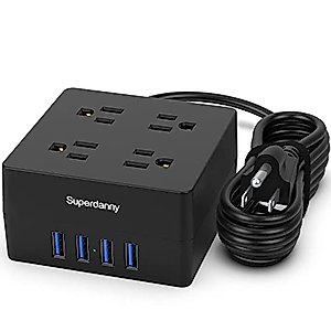 Power Strip, SUPERDANNY 4-Outlet 4-USB Surge Protector, 5 Ft Extension Cord, 900 Joules, Overload Switch, Grounded, Mountable, Desktop Charging Station for Home, Office, School, Dorm, Computer, White