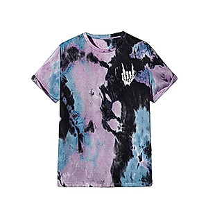 Verdusa Men's Tie Dye Short Sleeve Round Neck Tee Top Black Purple M
