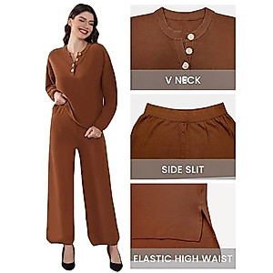 Jawmeu Sweater Sets Women 2 Piece Outfits Cozy Long Sleeve Knit Sweater Top Wide Leg Pants Lounge Sets(Caramel02-XL)