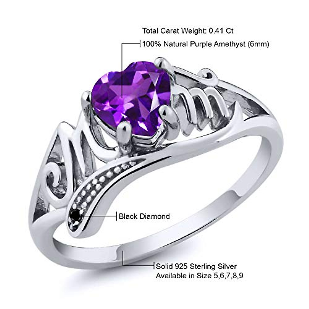 Gem Stone King 925 Sterling Silver 6MM Heart Shape Gemstone Birthstone Mothers Day MOM Ring For Women | Available In Size 5, 6, 7, 8, 9