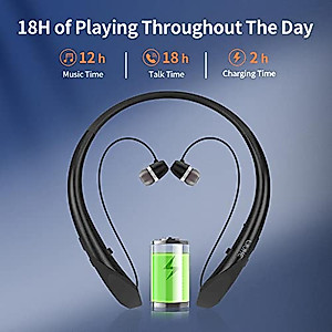 NVOPERANG Bluetooth Headphones Neckband, Wireless Bluetooth Headset with Retractable Earbuds CVC 8.0 Noise Cancelling Stereo Sweatproof Earphones with Mic for Gym Running, Office (Black)