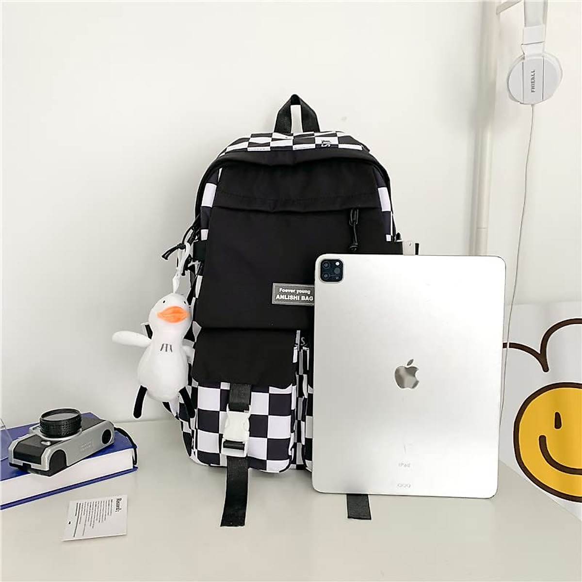 MEOKIM Kawaii backpack student schoolbag large-capacity backpack black and white plaid cute girls campus backpack(Black)