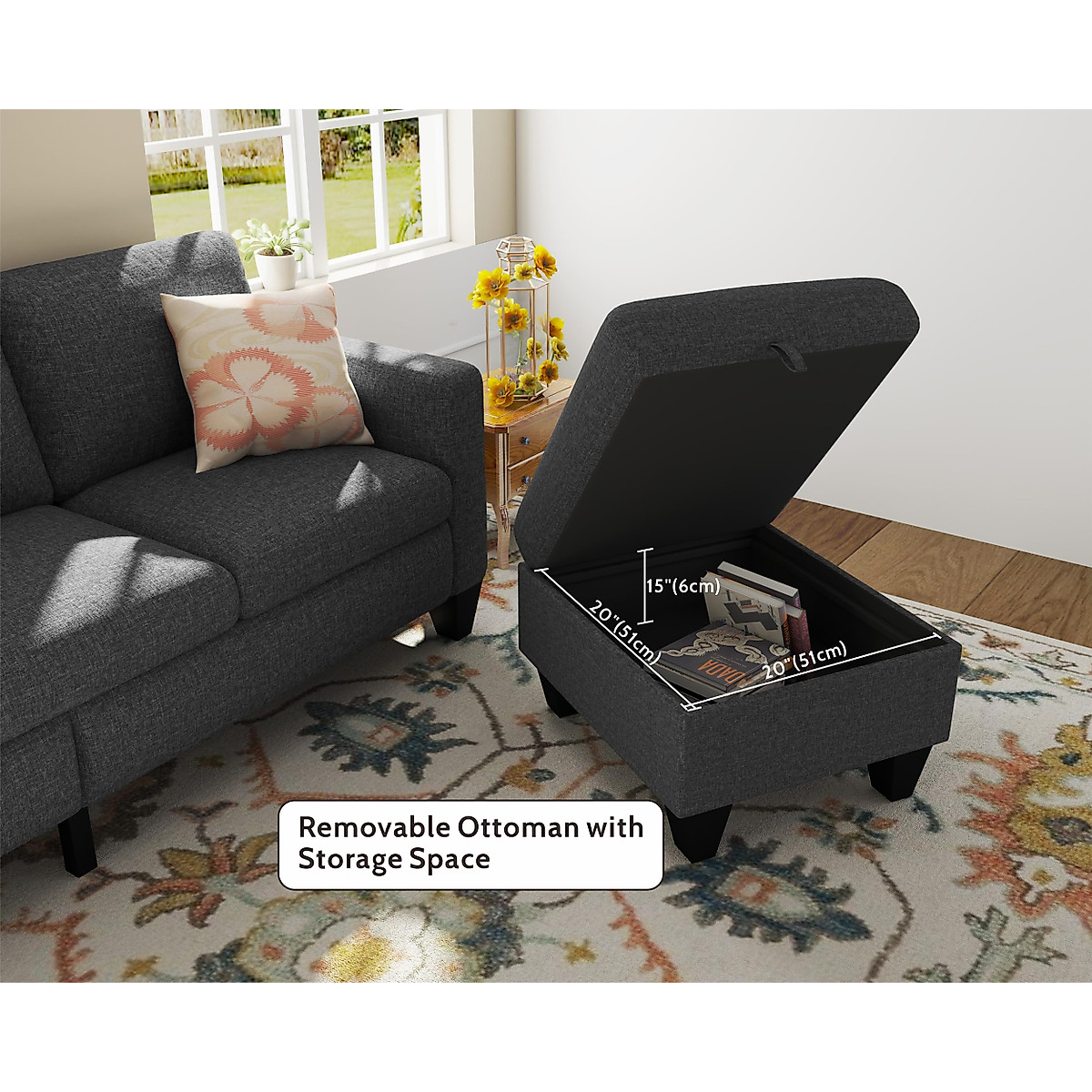 Woyomeub Sectional Sofa Couches for Living Room: Convertible L Shaped Couch with Storage Ottoman - Grey Small 3 Seater Sofas Furniture Set for Small Space