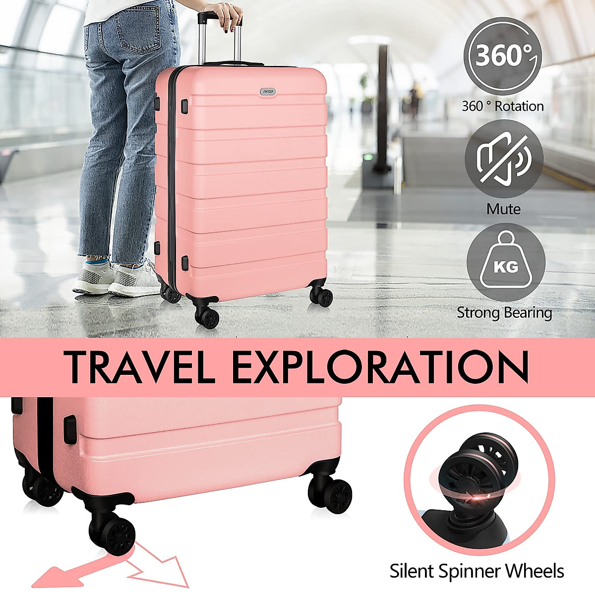 AnyZip Luggage PC ABS Hardside Lightweight Suitcase with 4 Universal Wheels TSA Lock Checked-Large 28 Inch Pink