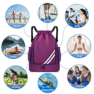 Drawstring Backpack Sports Gym Bag with Shoes Compartment, Waterproof Draw String Back Bag for Men Women (Purple)