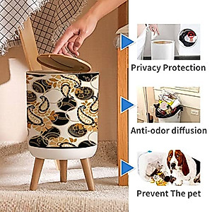 Trash Can with Lid Seamless Golden Print with Paisley Motifs Template for Shirts Dresses Wood Small Garbage Bin Waste Bin for Kitchen Bathroom Bedroom Press Cover Wastebasket 7L/1.8 Gallon