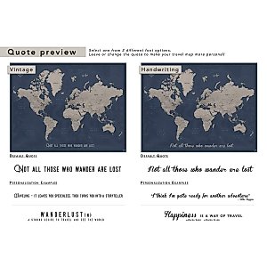 Framed Travel Map With Pins World Personalized | Premium Push Pin Travel Map | Various Color and Size Options | 24" x 32" up to 40" x 53"
