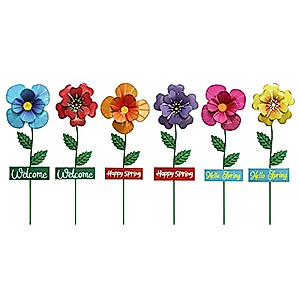 6 Pcs Metal Flower Decorative Garden Stakes, hogardeck 12" Outdoor Garden Decor Shaking Head Sunflowers Daisy Ornament, Yard Art Spring Decorations for Indoor Pathway Patio Lawn (Multi-Color)