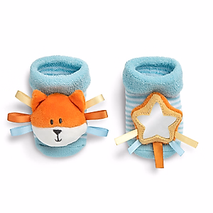 DEMDACO Fox 3-6 Months Blue and Orange Baby Rattle and Mirror Activity Sock Set