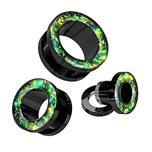 Pierced Owl 316L Stainless Steel Green Opal Glitter Rim Black Screw Fit Tunnel Plugs, Sold as a Pair (8mm (0GA))