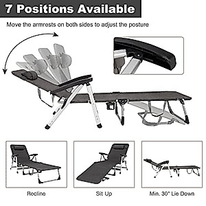 Goplus Chaise Lounge Chair, Folding Outdoor Patio Lounger with Cup Holder & Detachable Headrest, Comfortable for Garden Beach Pool Sunbathing, 7-Position Adjustable (1, Grey)