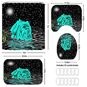 Taysta 4Pc Teal Rose Flower Under Moon Black Romantic Starry Night Sky Shower Curtain Sets Non-Slip Rug, Toilet Lid Cover, Bath Mat, Bathroom Decor Curtains with 12 HooksWaterproof Fabric