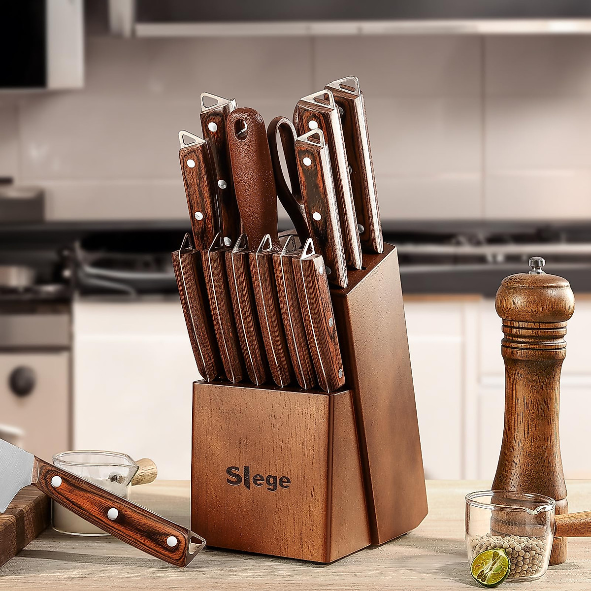 Knife Set,15-Piece Kitchen Knife Set with Block Wooden - High Carbon Stainless Steel Slege Knives Set,Ultra Sharp Full Tang Forged