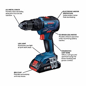 BOSCH GXL18V-233B25 18V 2-Tool Combo Kit with 1/2 In. Hammer Drill/Driver, Two-In-One 1/4 In. and 1/2 In. Bit/Socket Impact Driver/Wrench and (2) CORE18V® 4 Ah Advanced Power Batteries