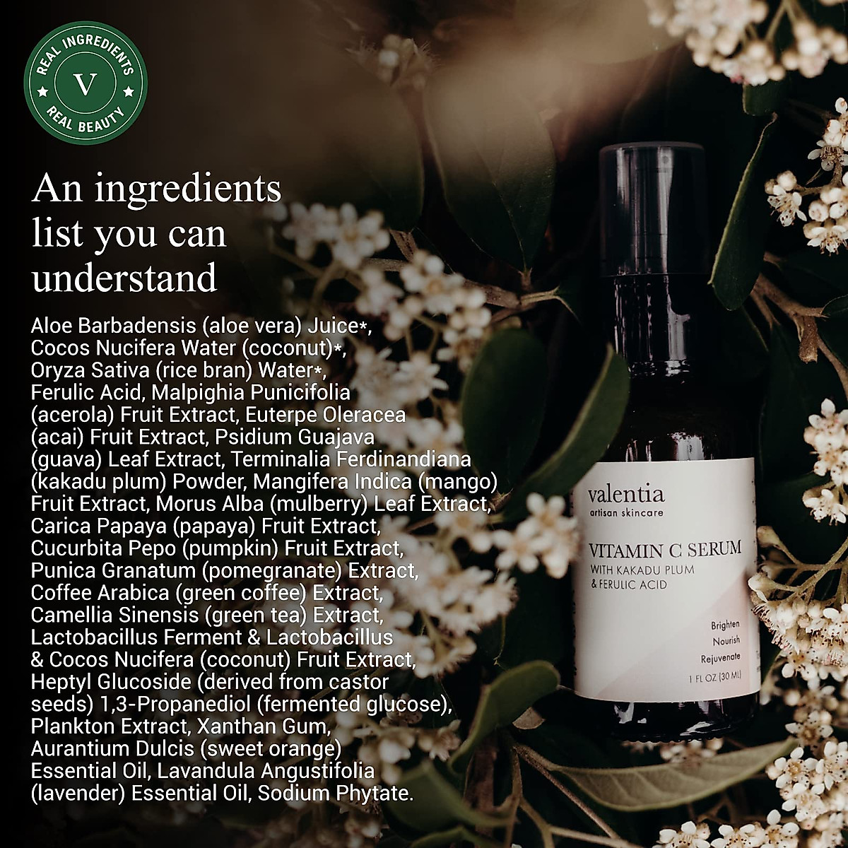 Valentia Pure Concentrated Vitamin C Serum for Face and Neck. Suitable for All Skin Types. No Parabans, Phthalates or Synthetic Vitamin C, Vegan Whole-Plant Extracts of Kakadu Plum, Acerola Berry.