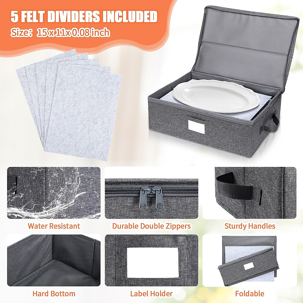 Norme 3 Pcs Platter Storage Case China Storage Container Stackable China Storage Boxes Hard Shell Case Moving Supplies, 17x13x 6 in, 15 Felt Dividers Included, Structured Top, Gray
