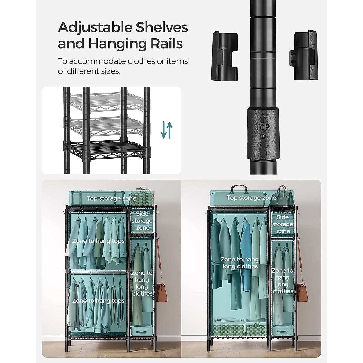 SONGMICS Garment Rack Heavy Duty Clothes Rack, Freestanding Portable Wardrobe Closet for Hanging Clothes with 1 Storage Box, 8 Hooks, Adjustable Wire Shelves, 3 Hanging Rods, Black ULGR421B01