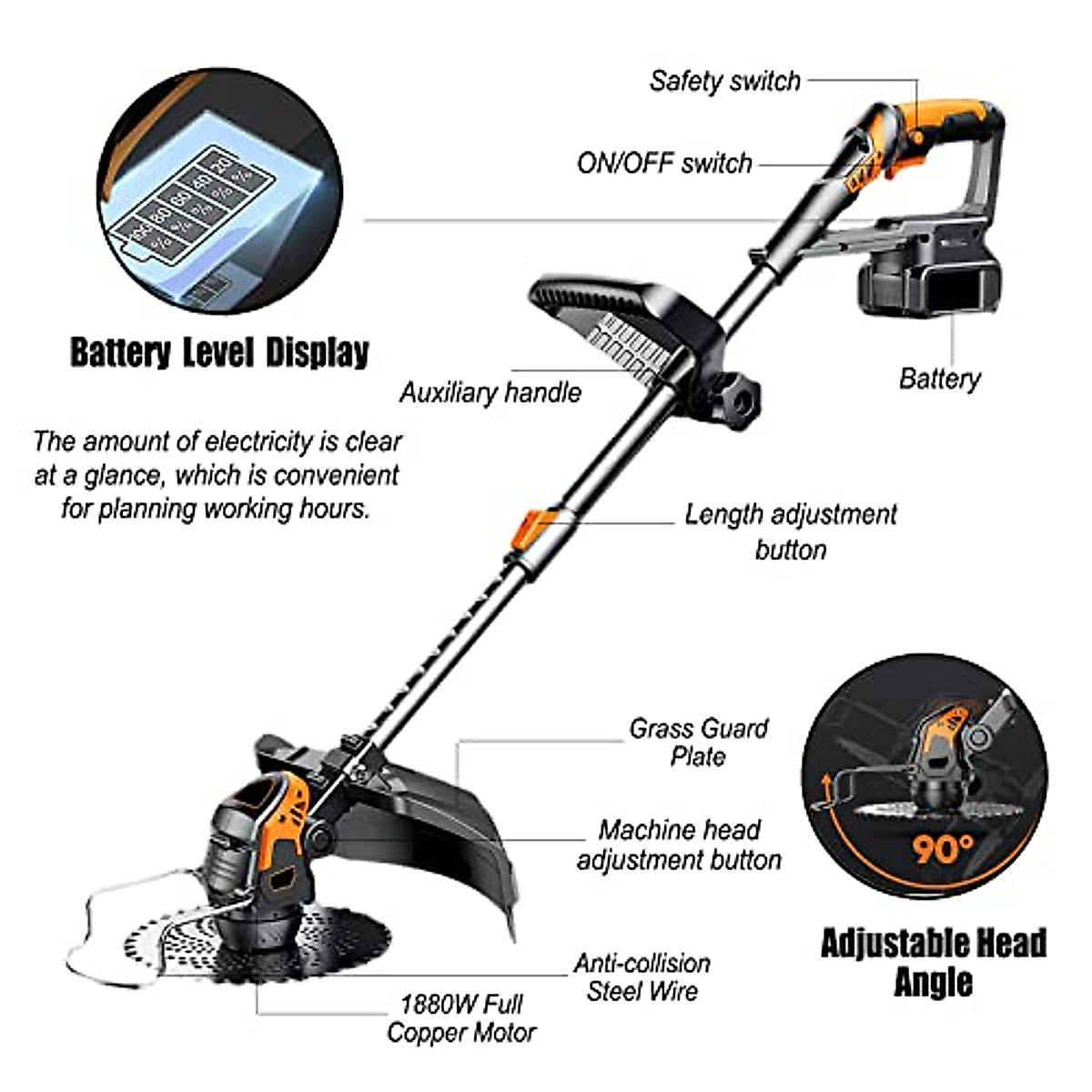 Electric Weed Eater Battery Powered Weed Wacker, String Trimmers with Remaining Power Display, Adjustable Machine Head Electric Lawn Edger for Garden and Yard