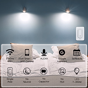 MOES WiFi Smart Light Switch No Neutral Wire, No Capacitor, No hub Required Single Live Wire Push Button, Tuya Smart Life App Remote Control Work with Alexa and Google Home, White Minimum 7W